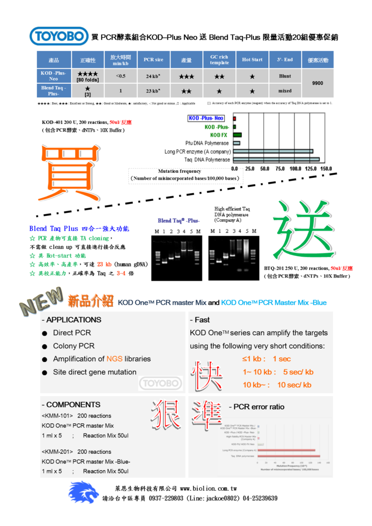 TOYOBO 活動僅限大台中區客戶, 優惠活動價KOD Plus Neo #KOD-401及 Blend Taq Plus #BTQ-201 ...
